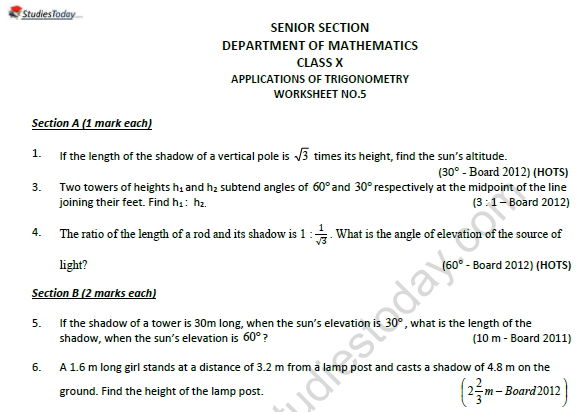 CBSE Class 10 Mathematics Application of Trignometry Worksheet Set B